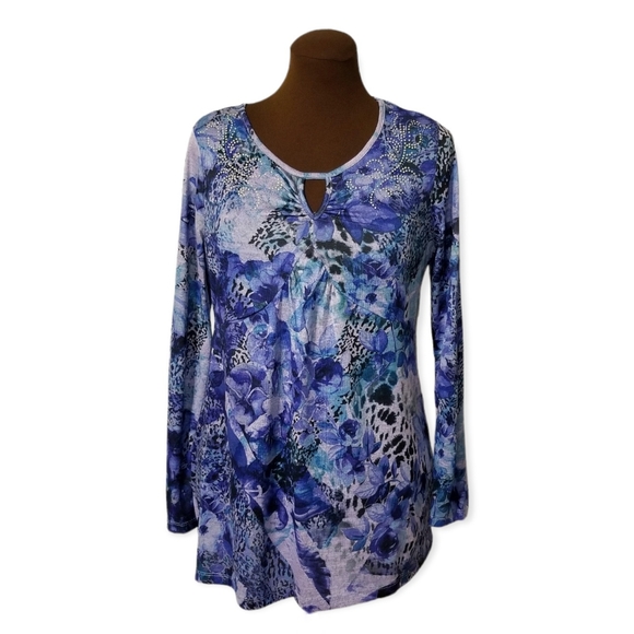 ONE WORLD | Tops | One World Blue Printed Embellished Floral Long ...